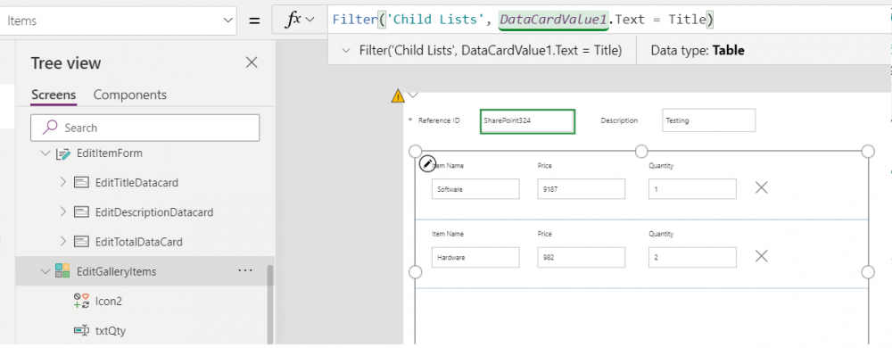 Repeating Tables in Power Apps using SharePoint List Form