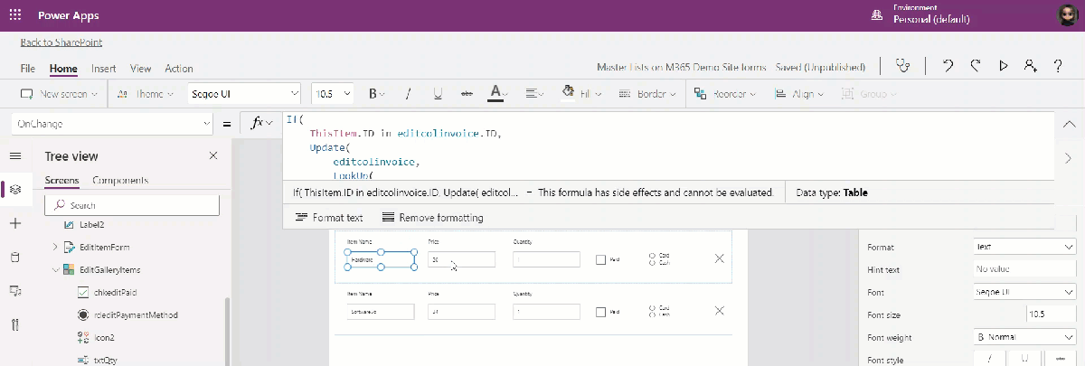 Repeating Tables in Power Apps using SharePoint List Form 2.0